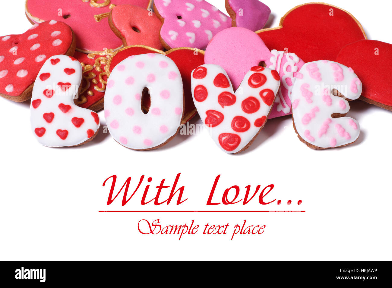 Gingerbread in the form of hearts and letters isolated on white ...