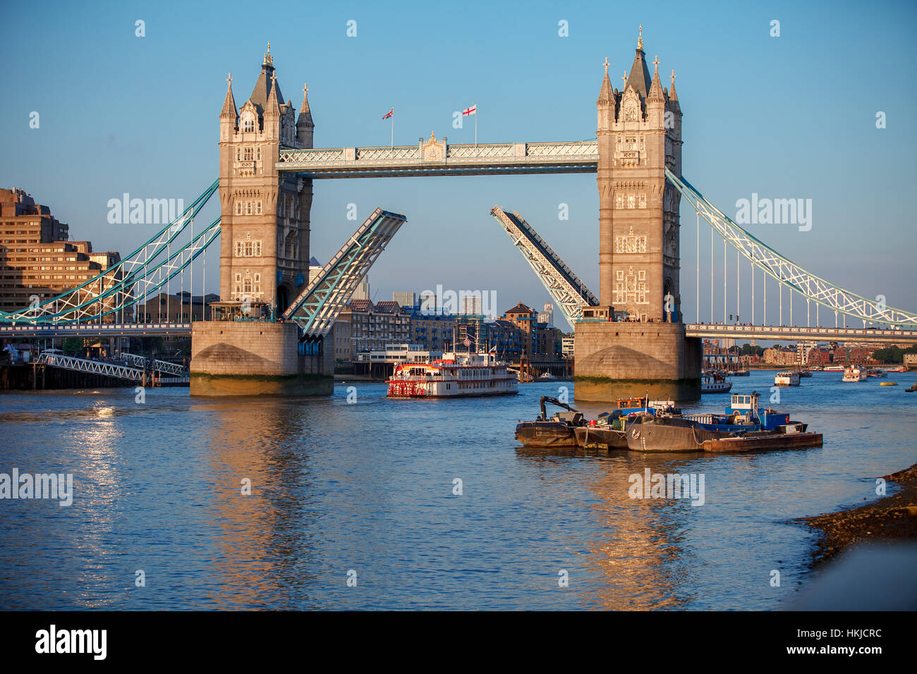 Tower Bridge raised to let ship pass through. London Stock Photo - Alamy