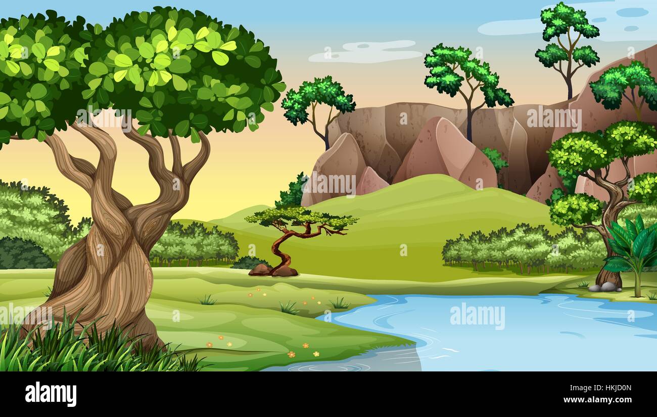 River scene trees hills Stock Vector Images - Alamy