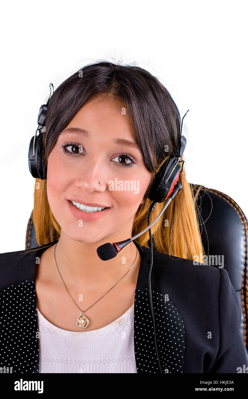 Young Call customer center operator woman with headset. Isolated over ...