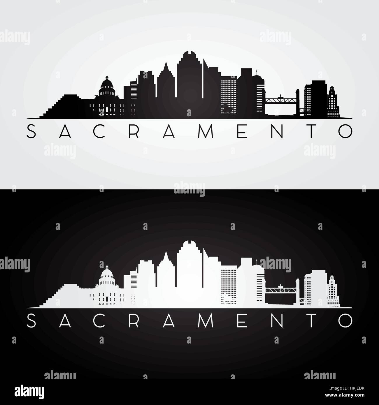 Sacramento USA skyline and landmarks silhouette, black and white design, vector illustration ...