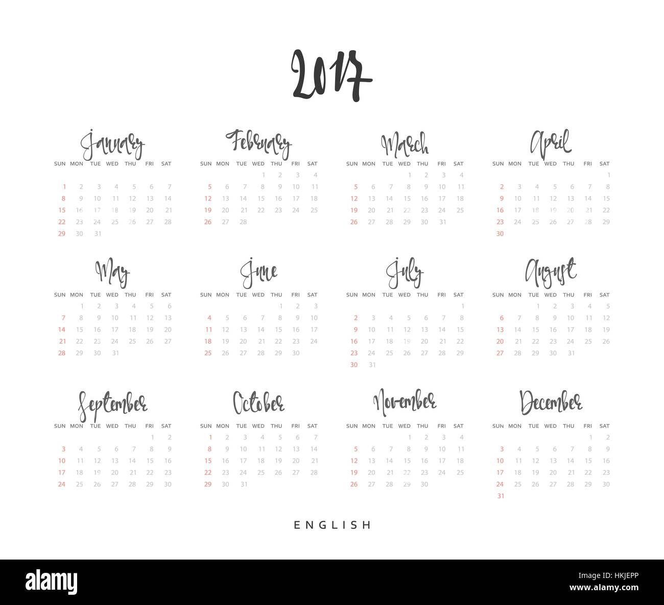 Calendar 2017 in English. Week starts from sunday Stock Vector Image ...