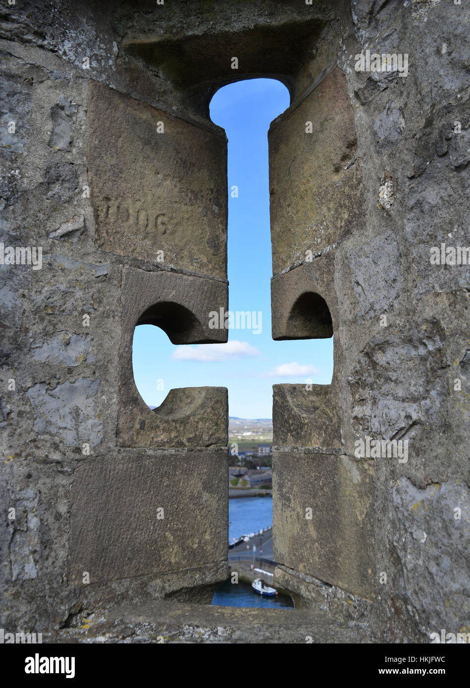 View through embrasure to Castletown harbour at Castle Rushen, Isle of ...