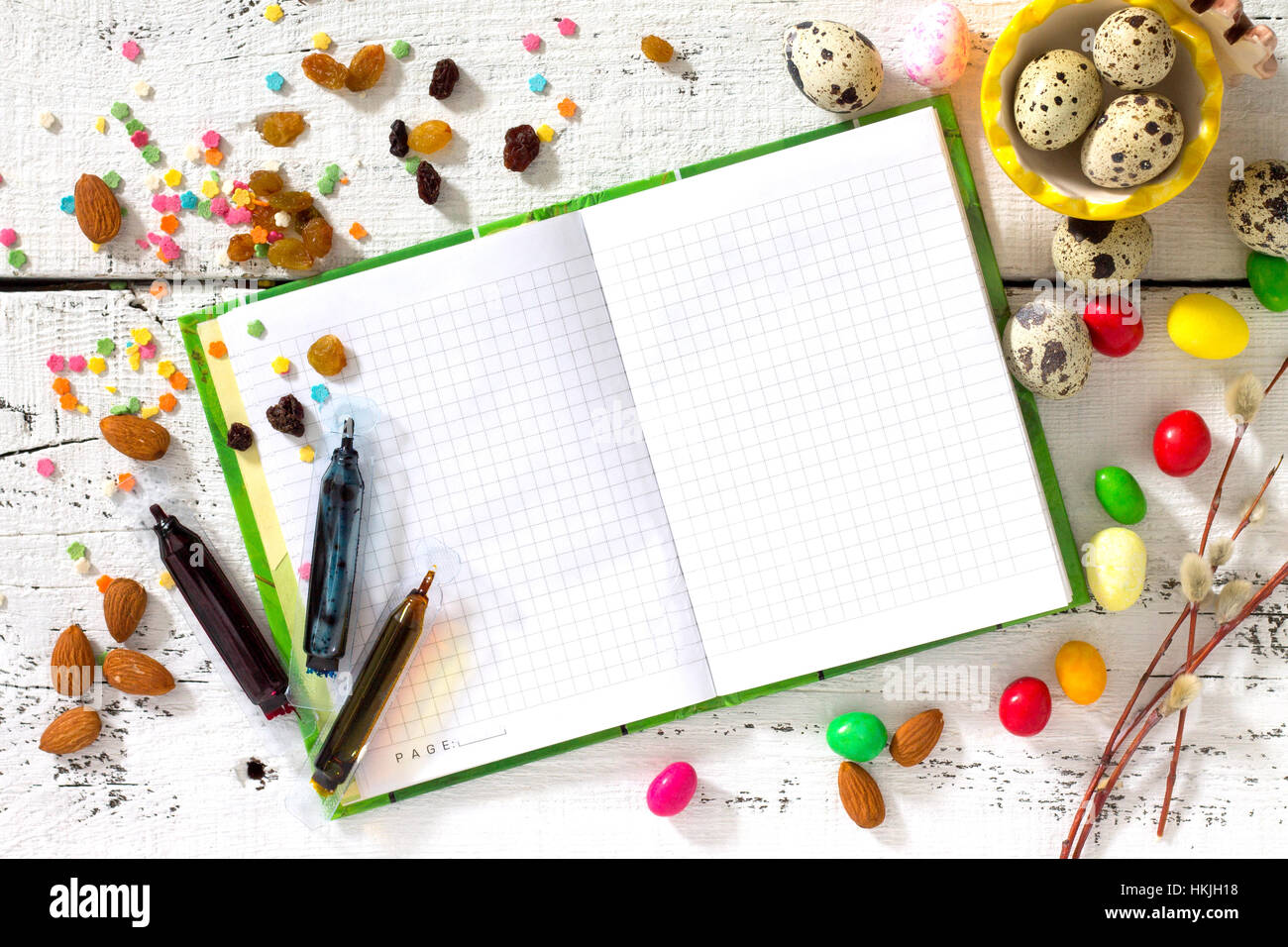 Cooking recipe background for Easter celebration: quail eggs are, candy ...