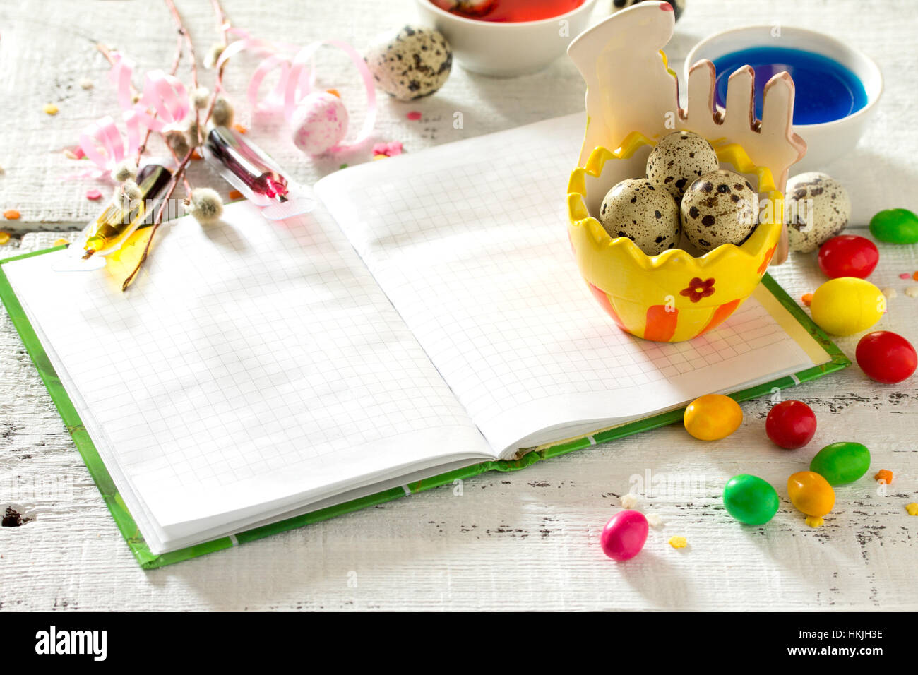 Cooking recipe background for Easter celebration: quail eggs are, candy ...
