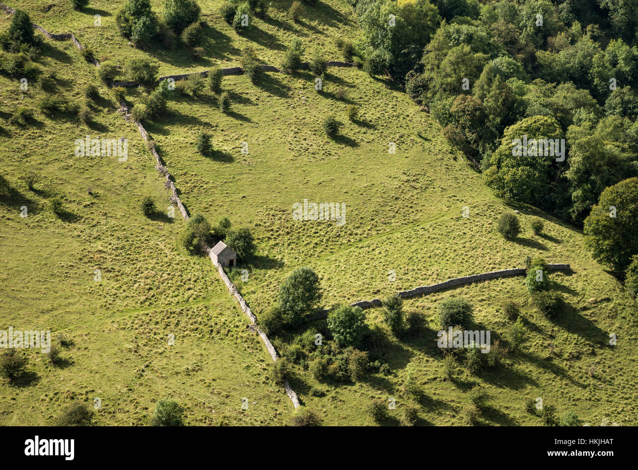 Small stone barn on a steep hillside near Milldale, Staffordshire. A ...