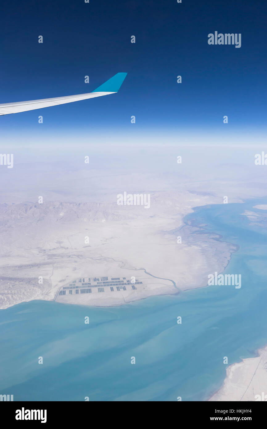 Cropped image of airplane flying above oman and red sea Iran, Oman ...