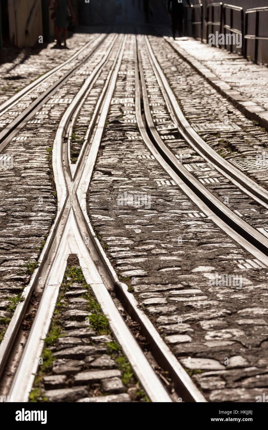 Railroad tracks on city street, Lisbon, Portugal Stock Photo - Alamy