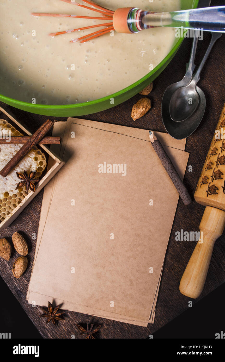 Ingredients for baking and blanked notepad for recipes Stock Photo - Alamy