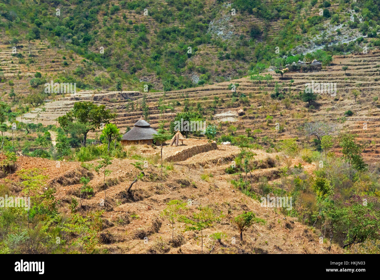 Terraced farmland with village houses in the mountain, Konso area ...