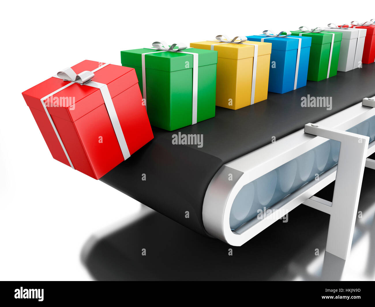 3d renderer image. Gift boxes on conveyor belt. Isolated white ...