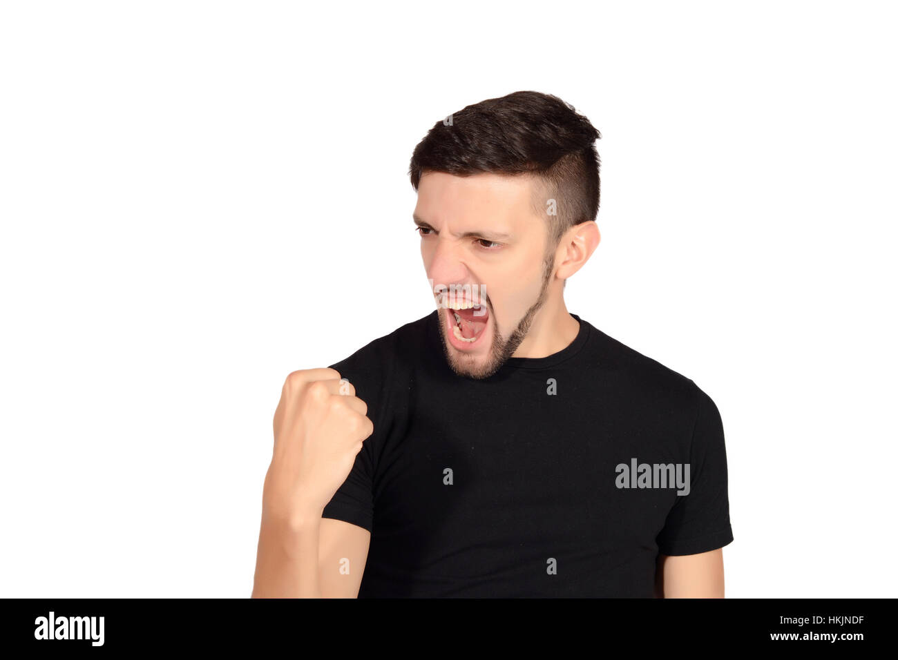 Portrait of a young latin man celebration victory. Isolated white ...