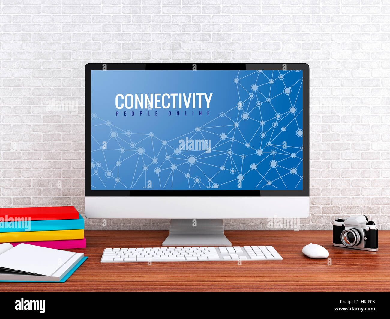 3D illustration. Modern workspace and computer with word CONNECTIVITY ...