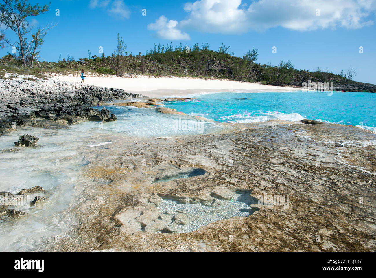 The rocky sandy landscape of uninhabited island Half Moon Cay (Bahamas ...