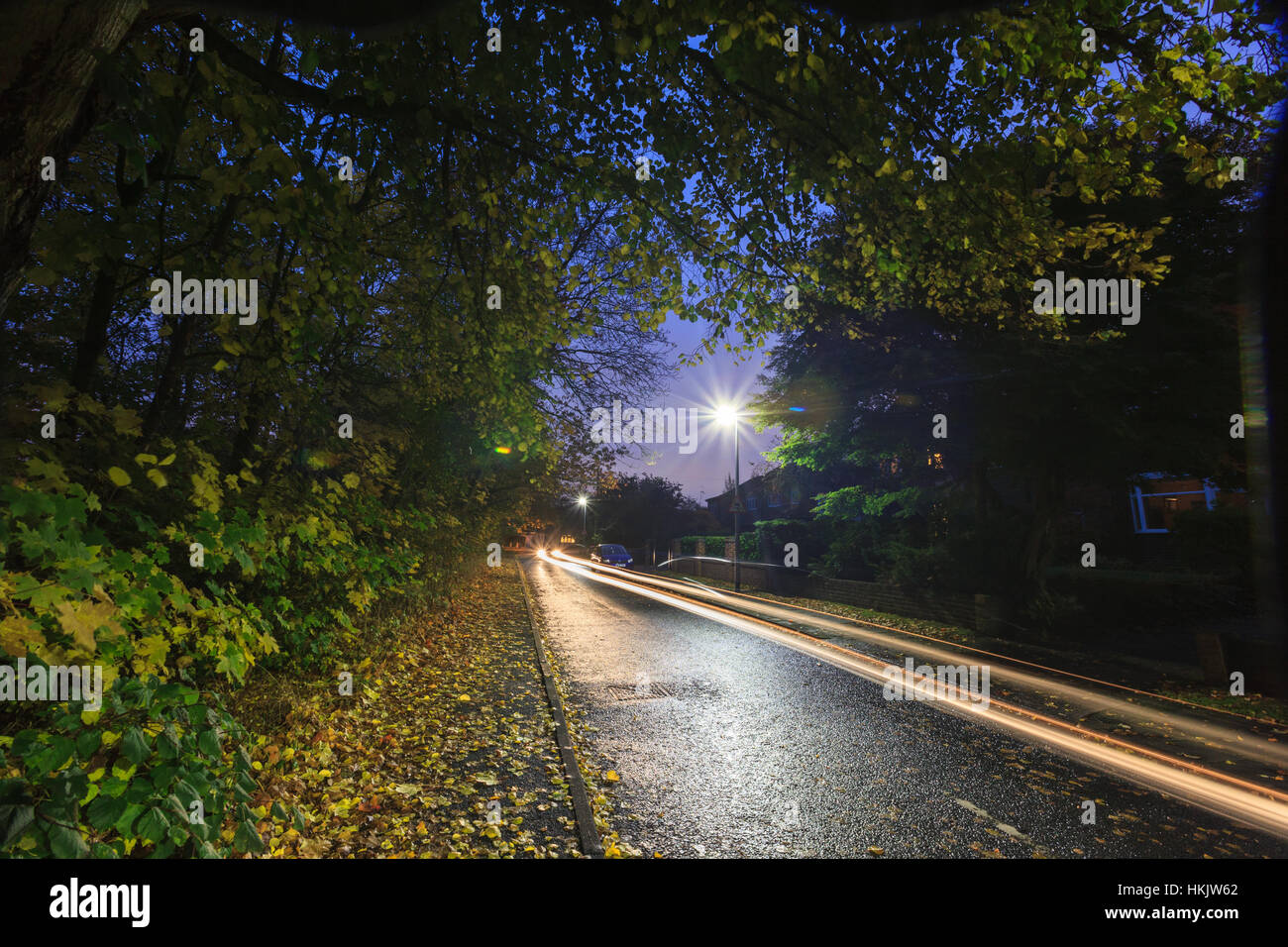 Light trails at Bradford Road in autumn at dusk, Ellesmere Park ...