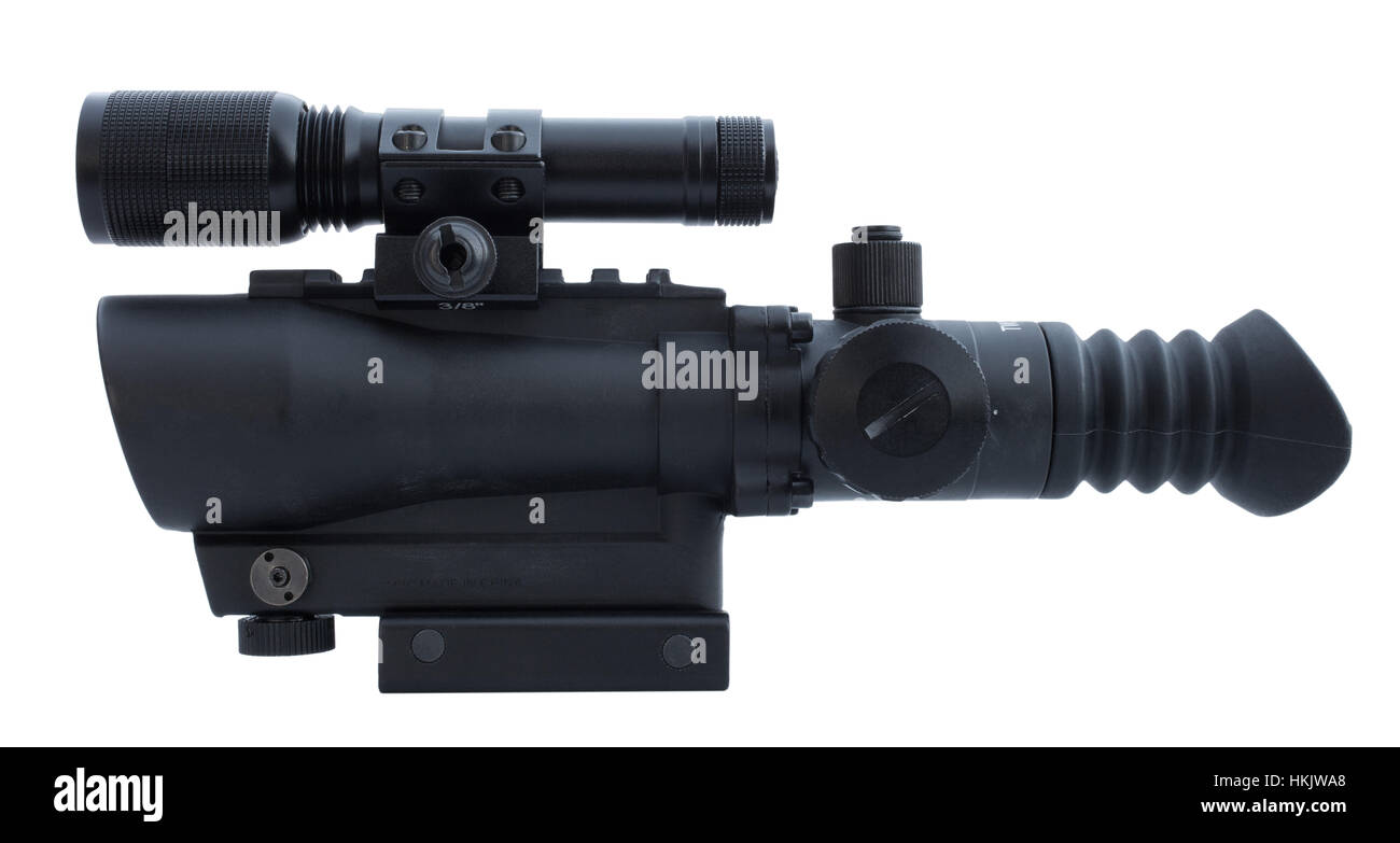 Rifle scope for up close work with a flashlight atop isolated on white ...