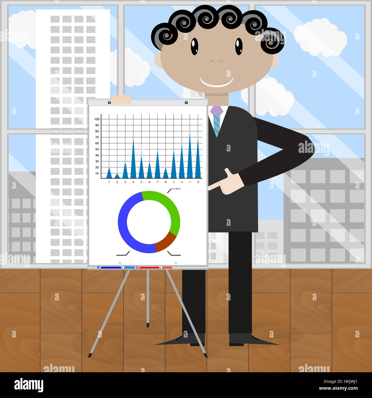 Presentation graphics and charts. Business man shows company annual ...
