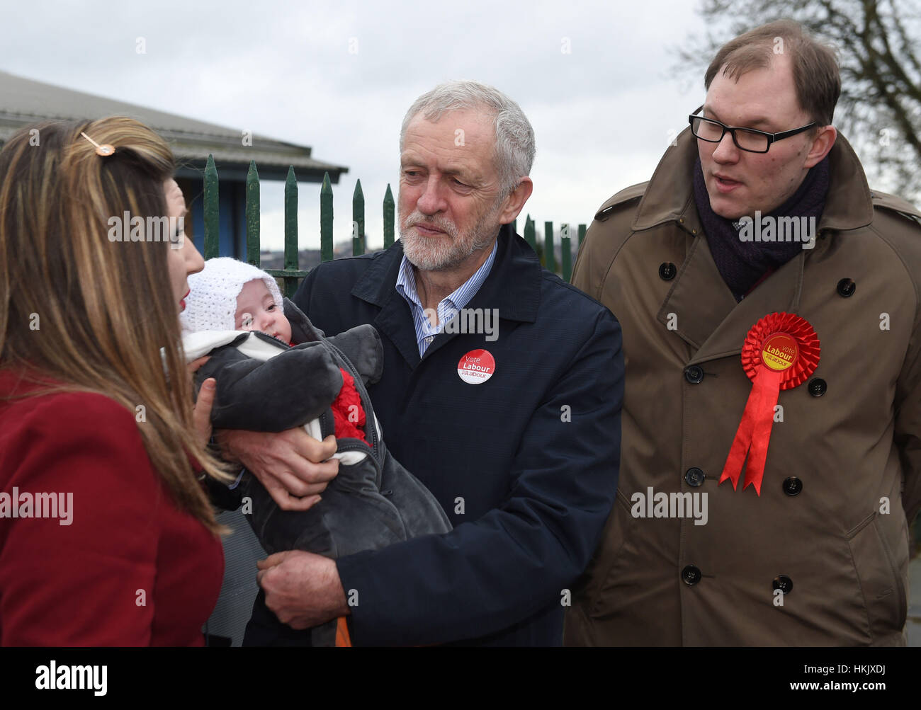 Labour Party leader Jeremy Corbyn (centre) and candidate Gareth Snell ...