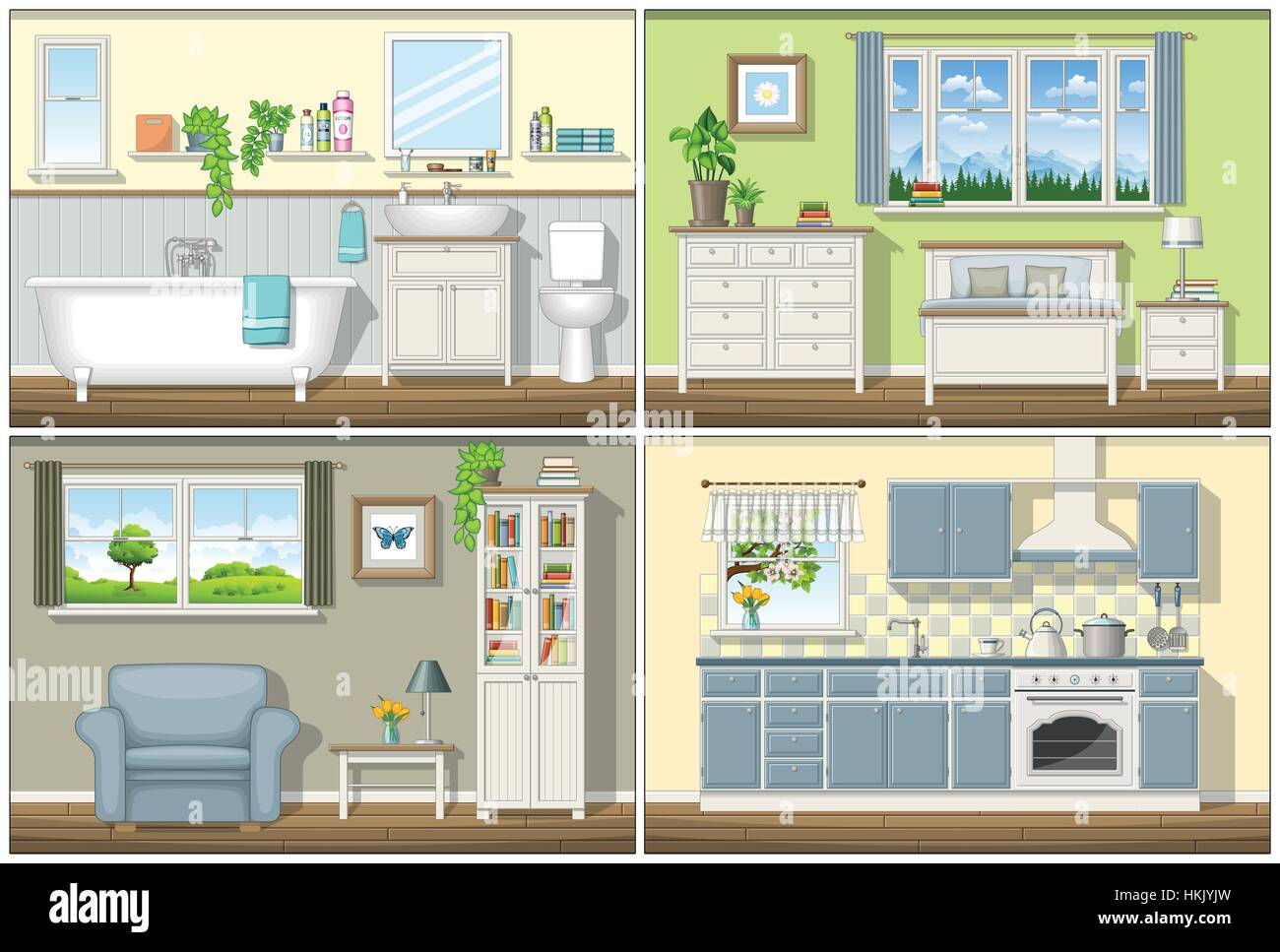 Illustration with four classic residential interiors Stock Vector Image ...