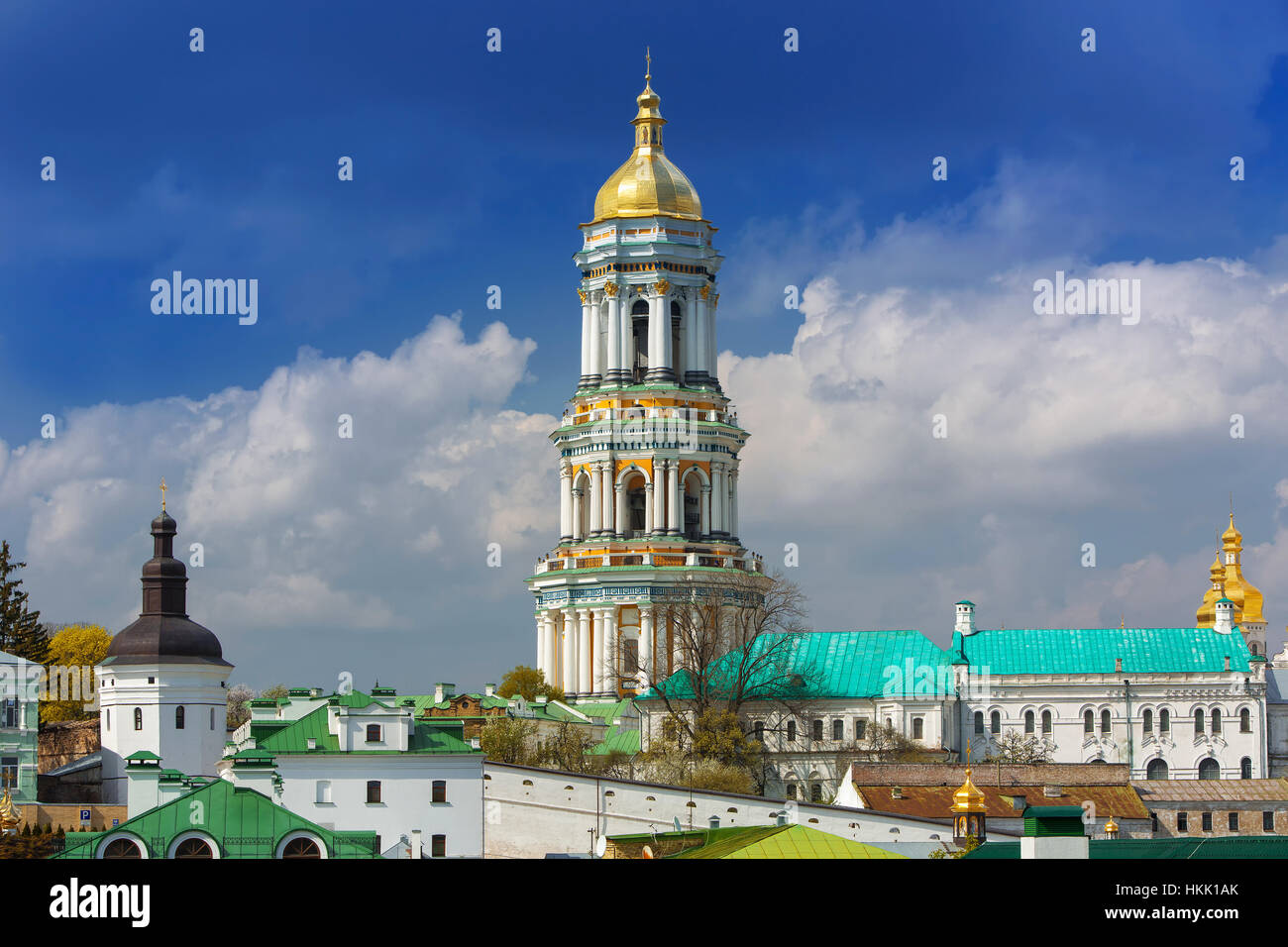 Orthodox Christian monastery, Pechersk Lavra in Kiev on green hills of ...