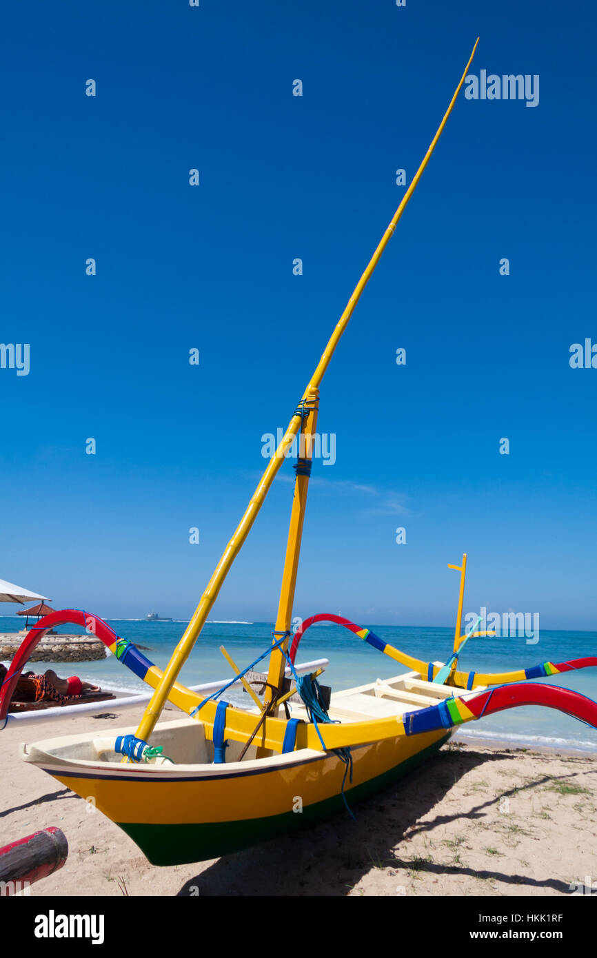Traditional jukung boat on the beach in Sanur, Bali, Indonesia Stock ...