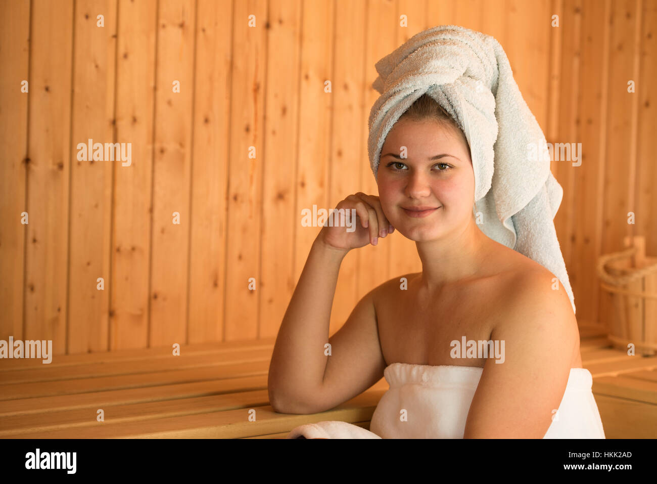 Sauna woman towel head hi-res stock photography and images - Alamy