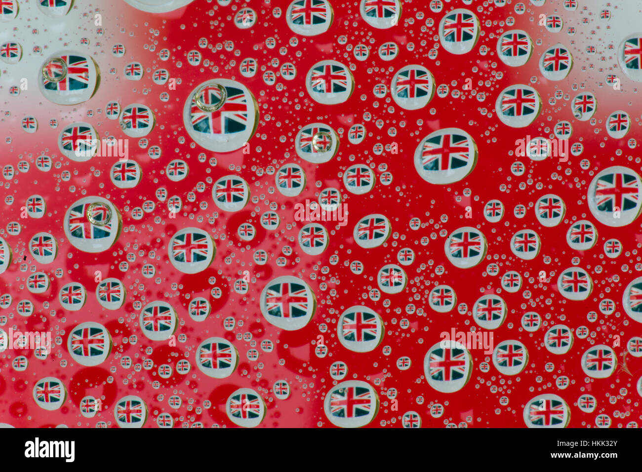 Water drops showing images of the Union Jack Flag of the United Kingdom ...