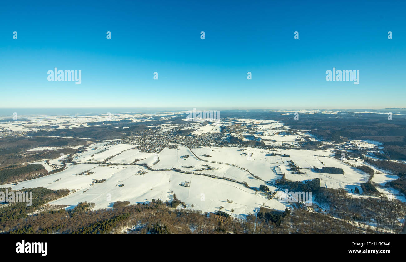 Overview of Warstein, in winter, with snow, Warstein, Sauerland, North ...