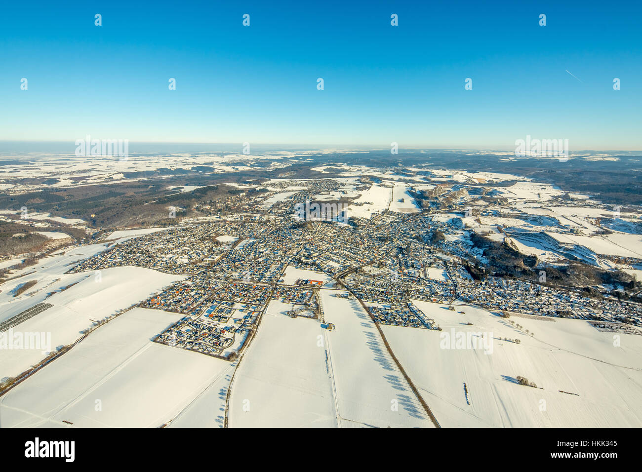 Overview of Warstein, in winter, with snow, Warstein, Sauerland, North ...