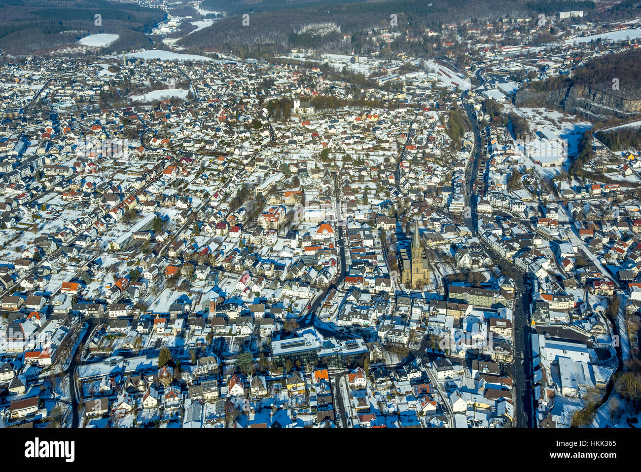 Warstein center in snow with church St. Pancratius, Warstein, Sauerland ...
