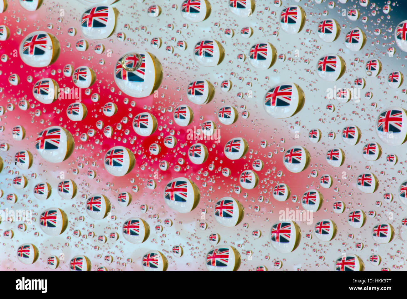Water drops showing images of the Union Jack Flag of the United Kingdom ...