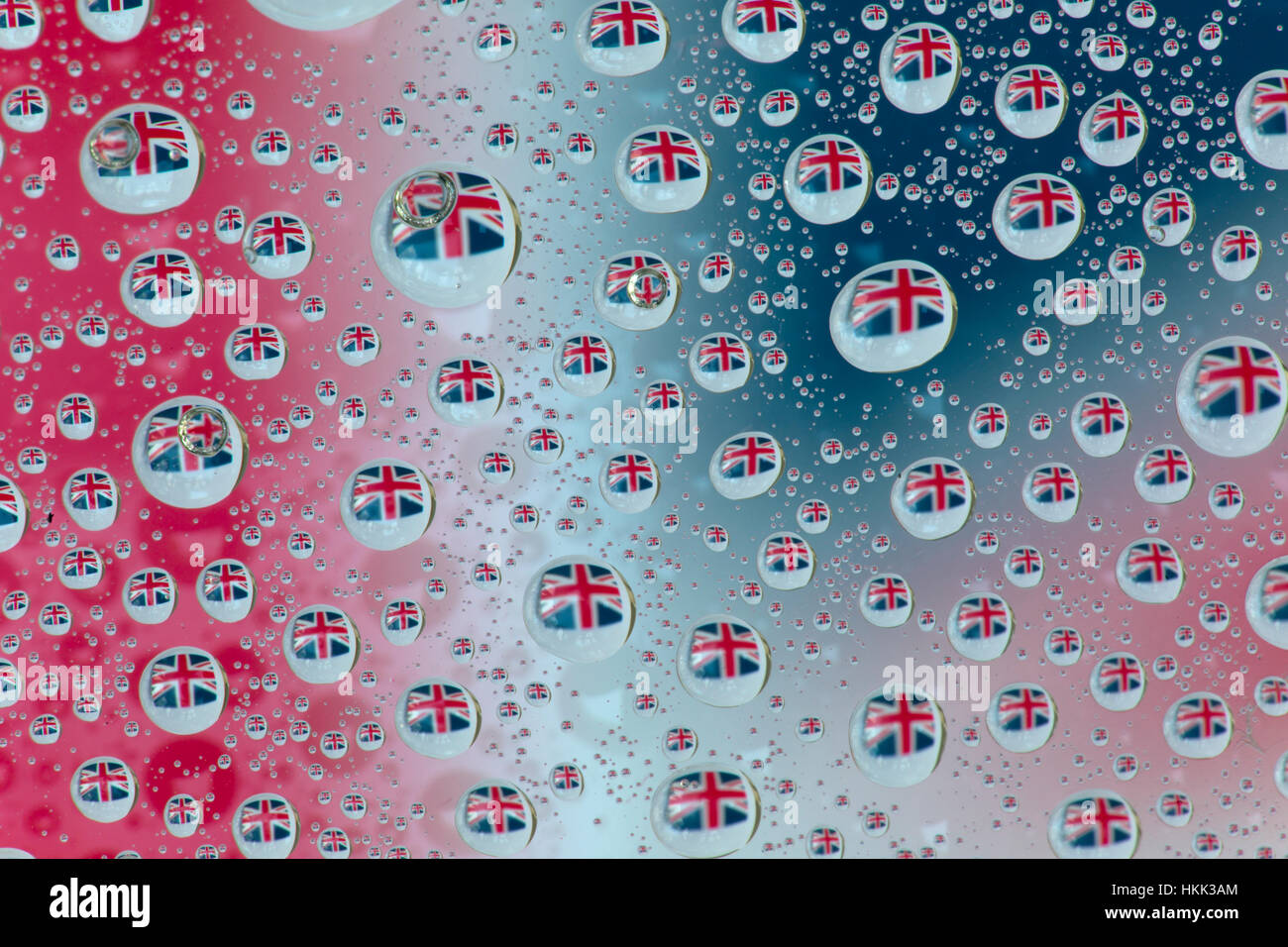 Water drops showing images of the Union Jack Flag of the United Kingdom ...