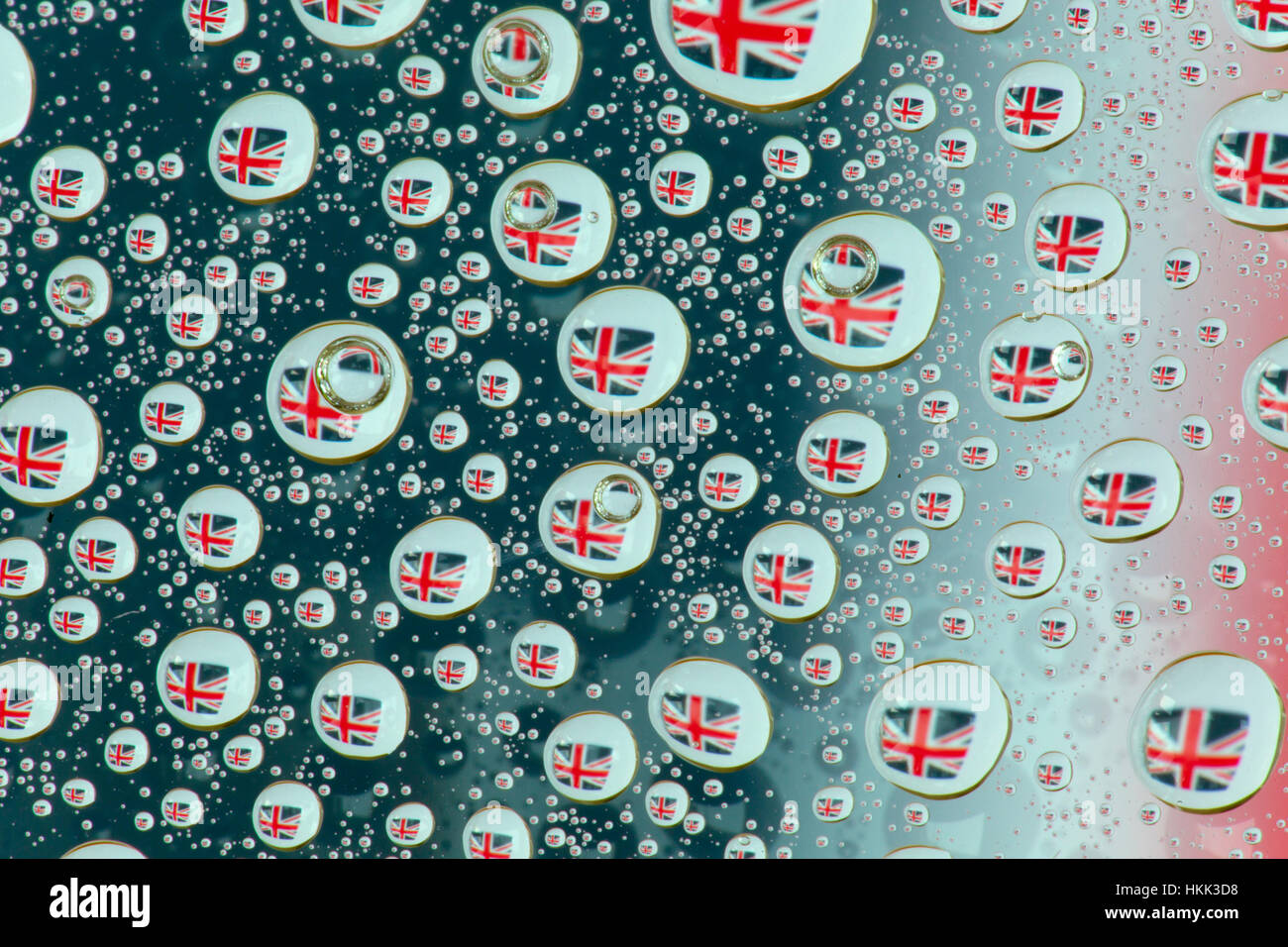 Water drops showing images of the Union Jack Flag of the United Kingdom ...