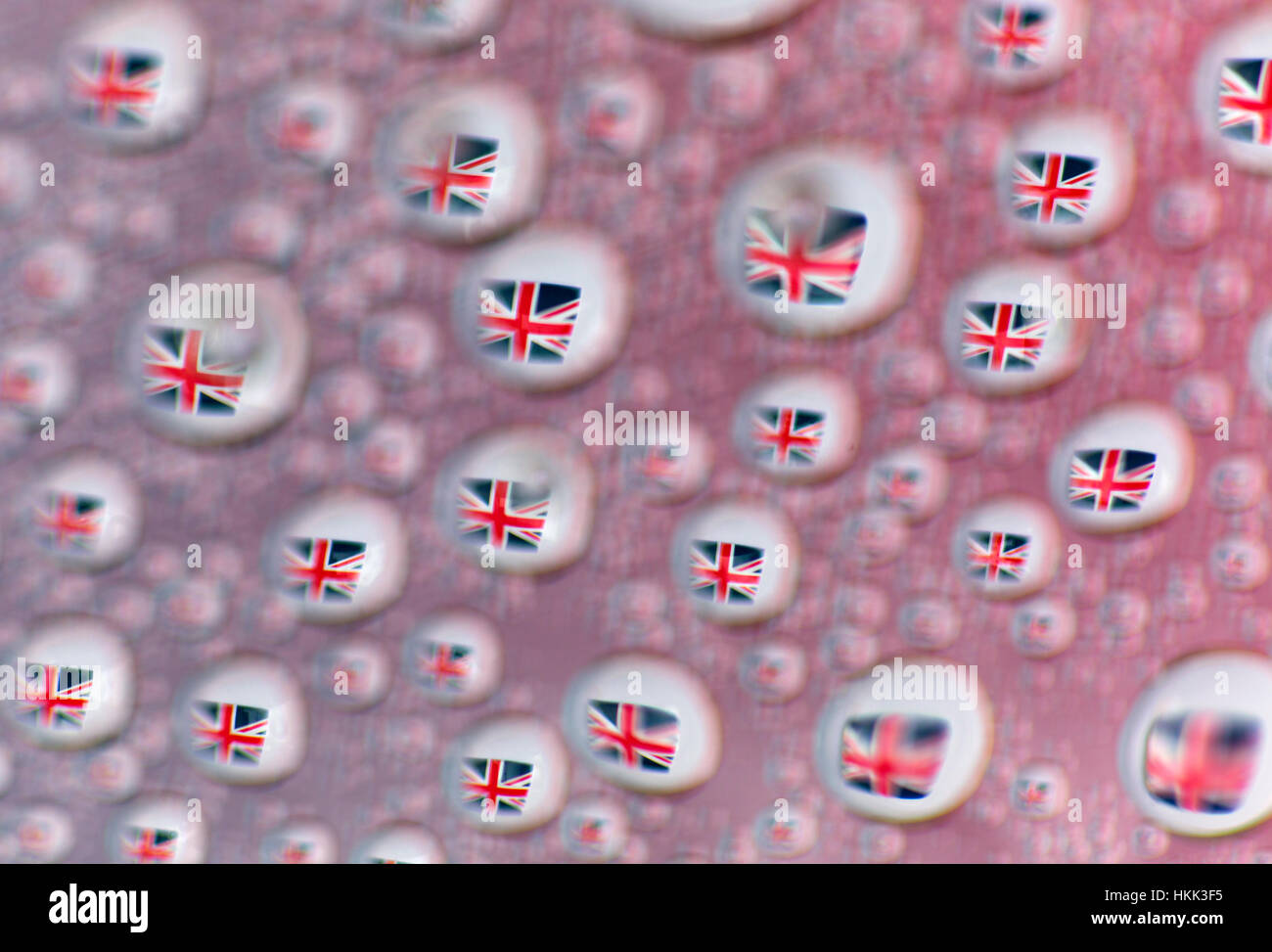 Water drops showing images of the Union Jack Flag of the United Kingdom ...