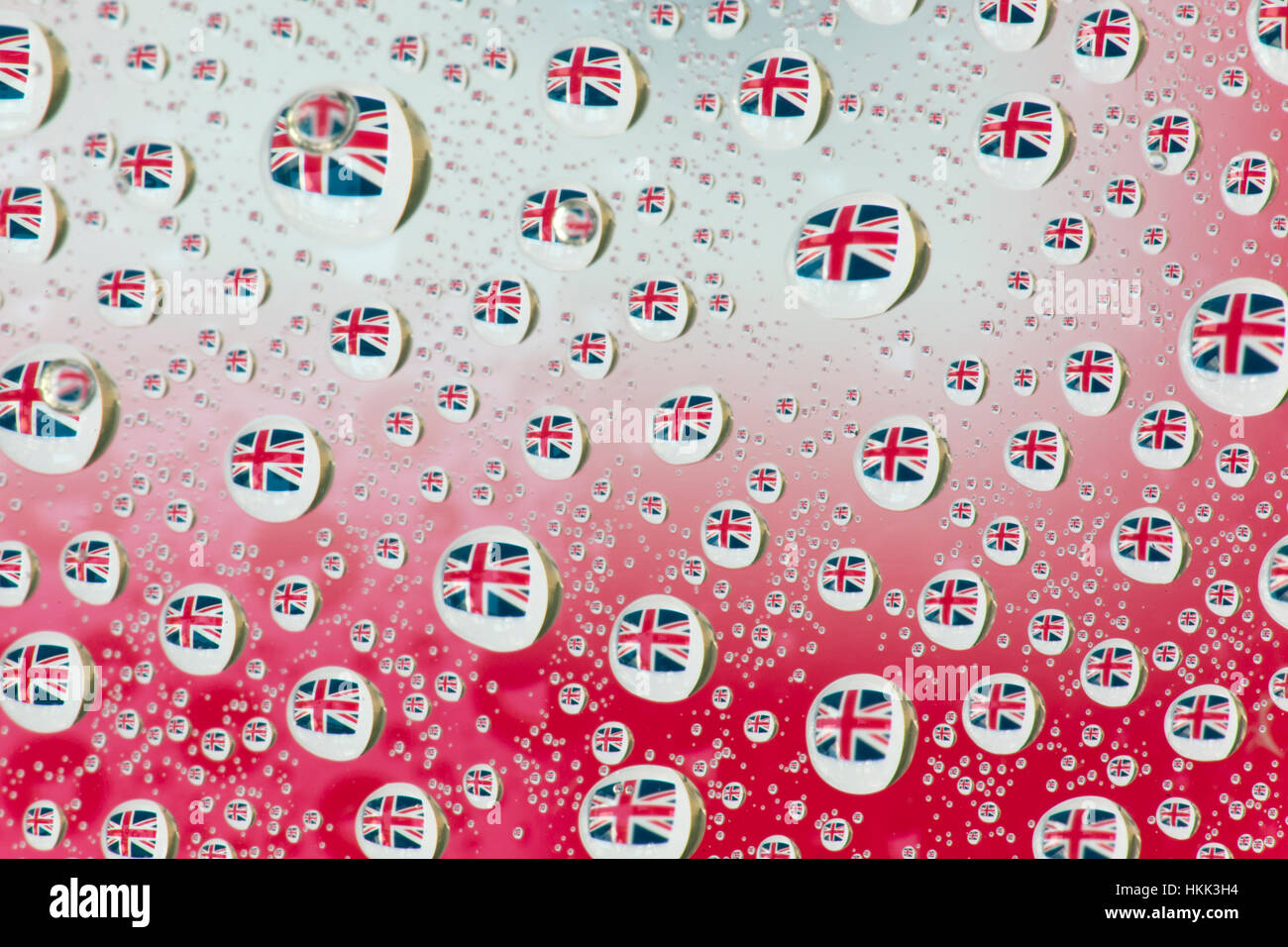 Water drops showing images of the Union Jack Flag of the United Kingdom ...