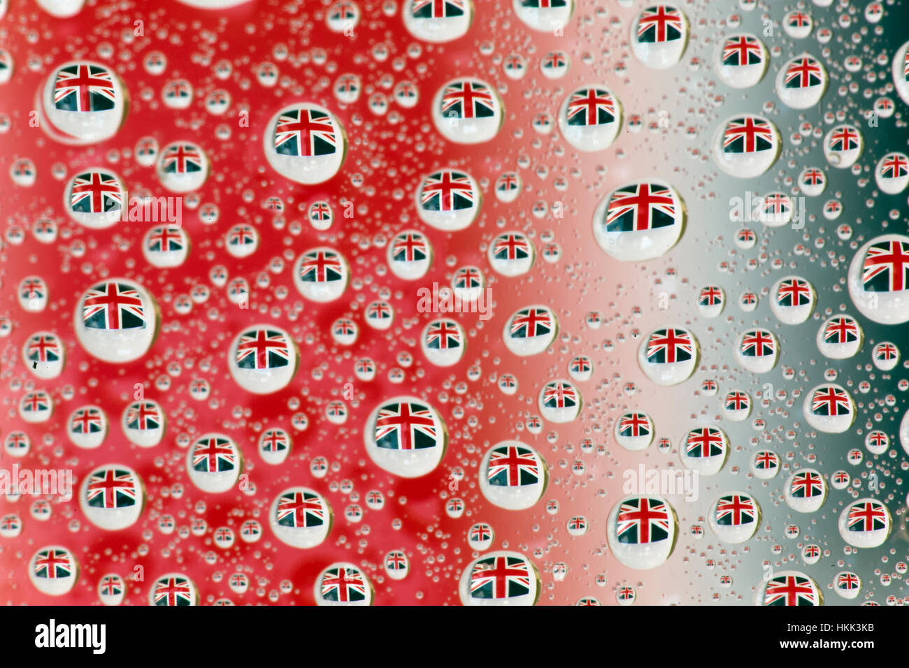 Water drops showing images of the Union Jack Flag of the United Kingdom ...