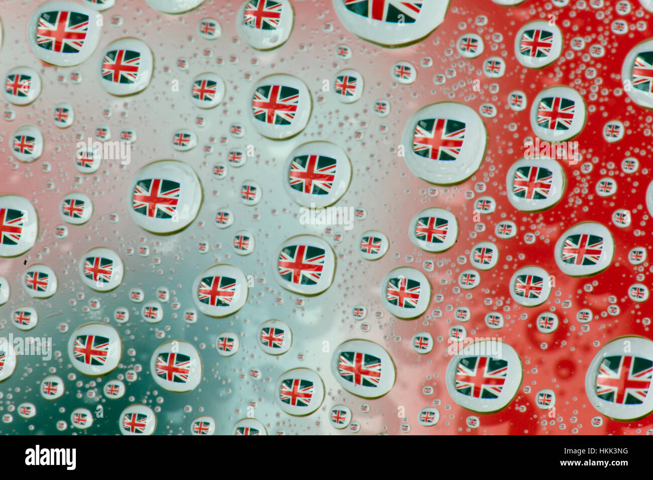 Water drops showing images of the Union Jack Flag of the United Kingdom ...