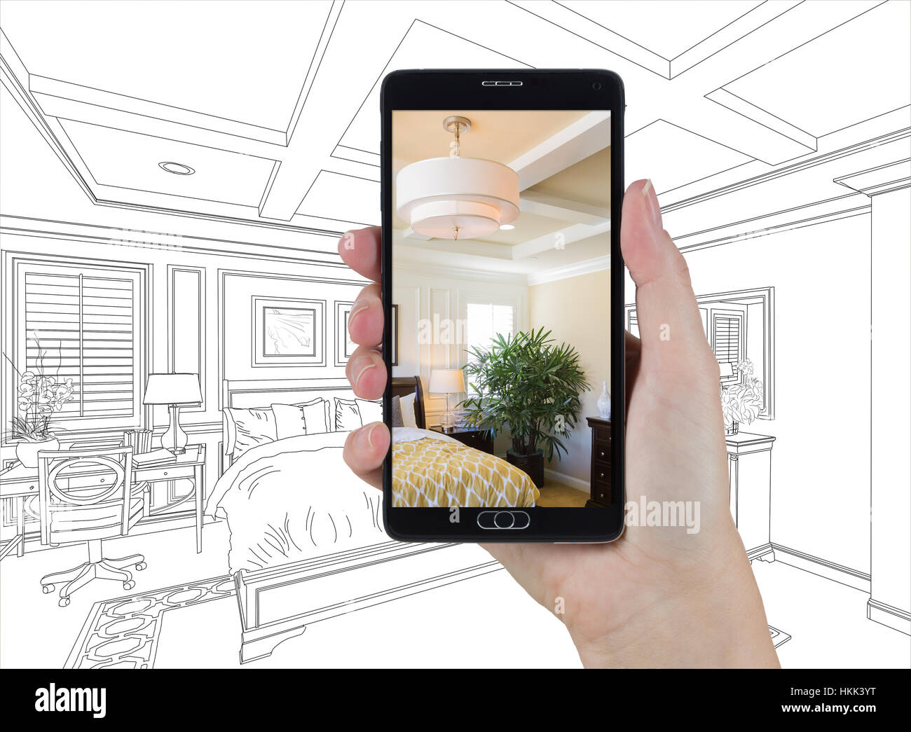 Hand Holding Smart Phone Displaying Photo of Custom Bedroom Drawing ...