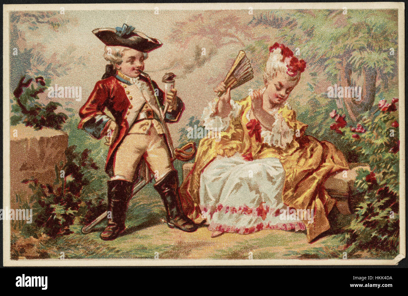 Man and women dressed in French Baroque style, man smoking a pipe ...