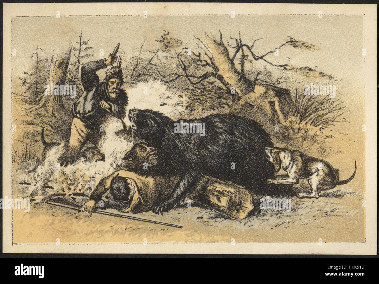 Man with dagger and dogs hunting a bear which is attacking another ...
