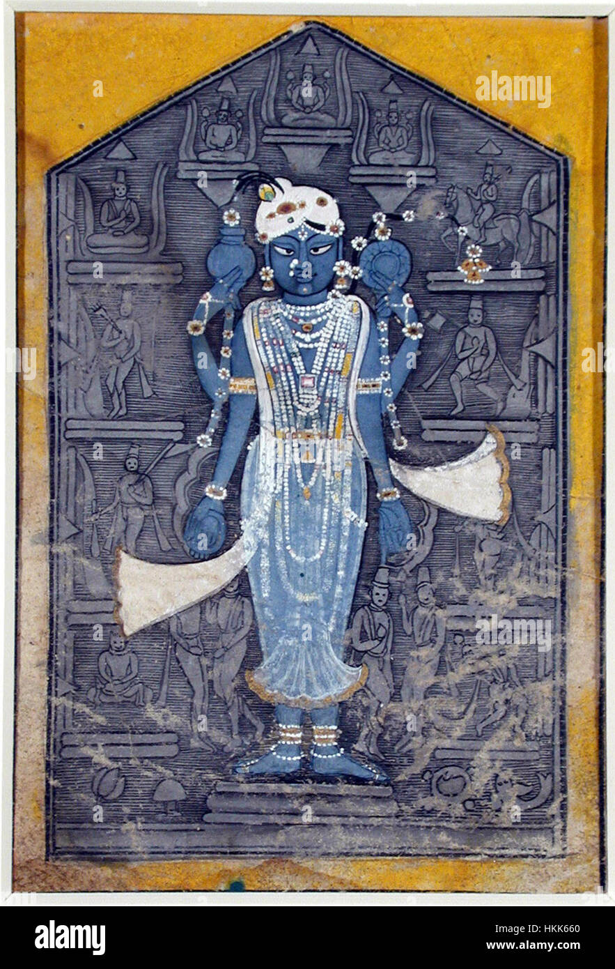 This artwork features a depiction of Vishnu, one of the principal ...