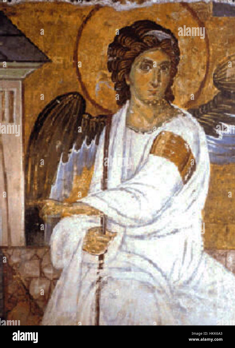 This religious painting depicts Archangel Gabriel standing outside ...