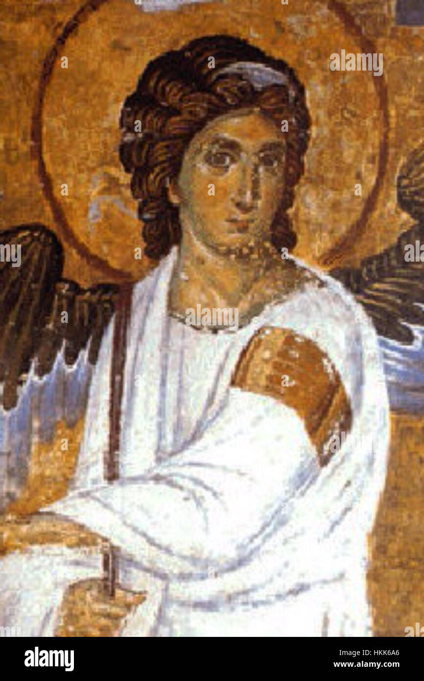 This artwork depicts the Archangel Gabriel standing outside the tomb of ...