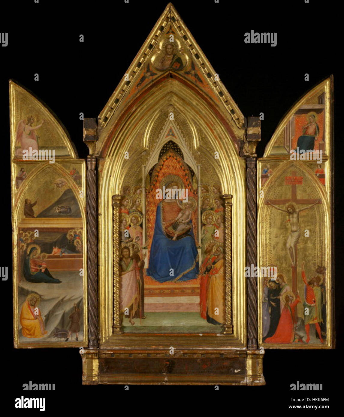 This triptych by Bernardo Daddi, painted in 1338, features the Virgin and Child enthroned with ...