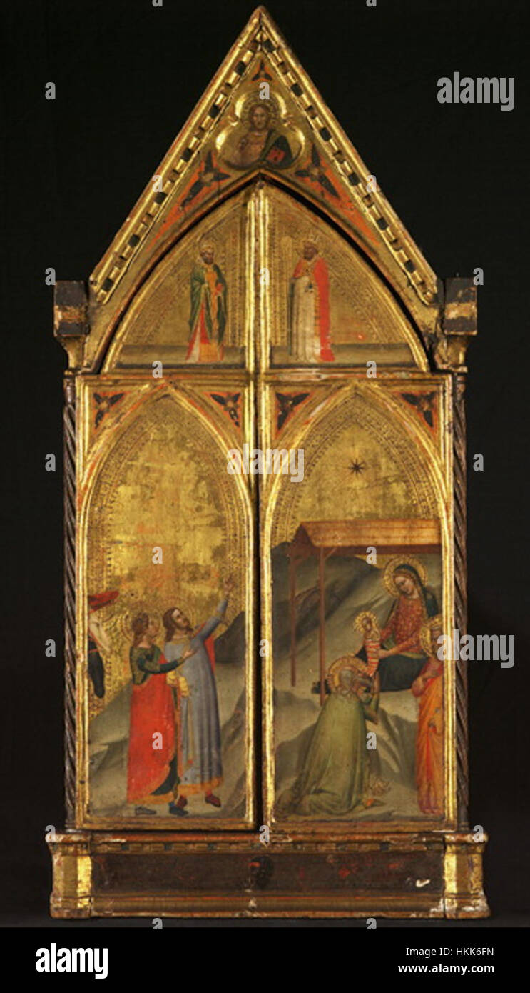 Bernardo Daddi's 1338 triptych, 'The Virgin and Child Enthroned with Saints,' is a fine example ...