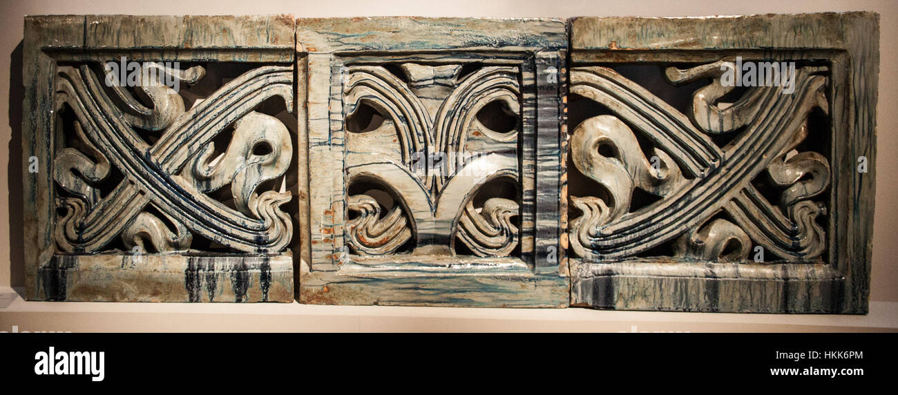 This artwork by Bigot features intricate balustrade elements ...