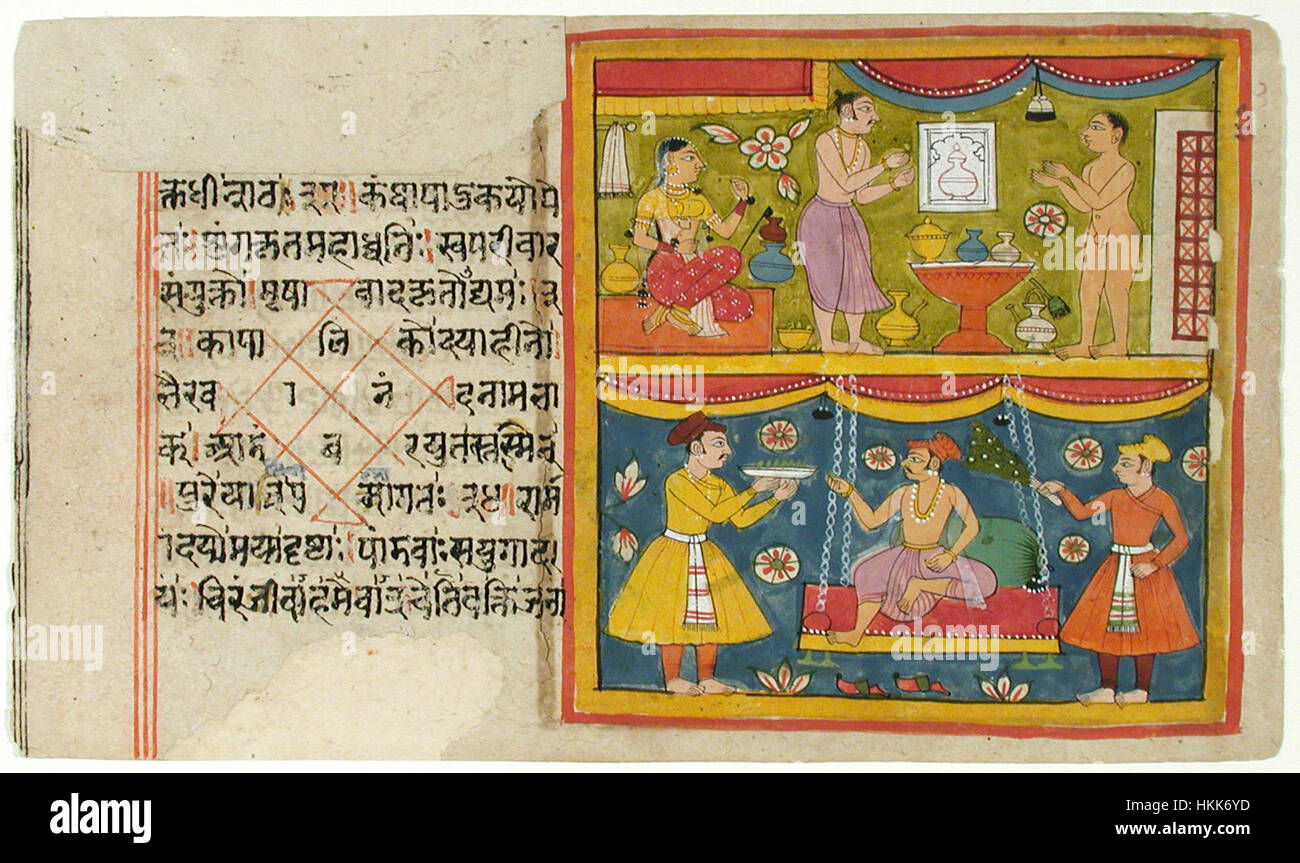 This artwork portrays a noblewoman seated, receiving a Hindu and a Jain ...