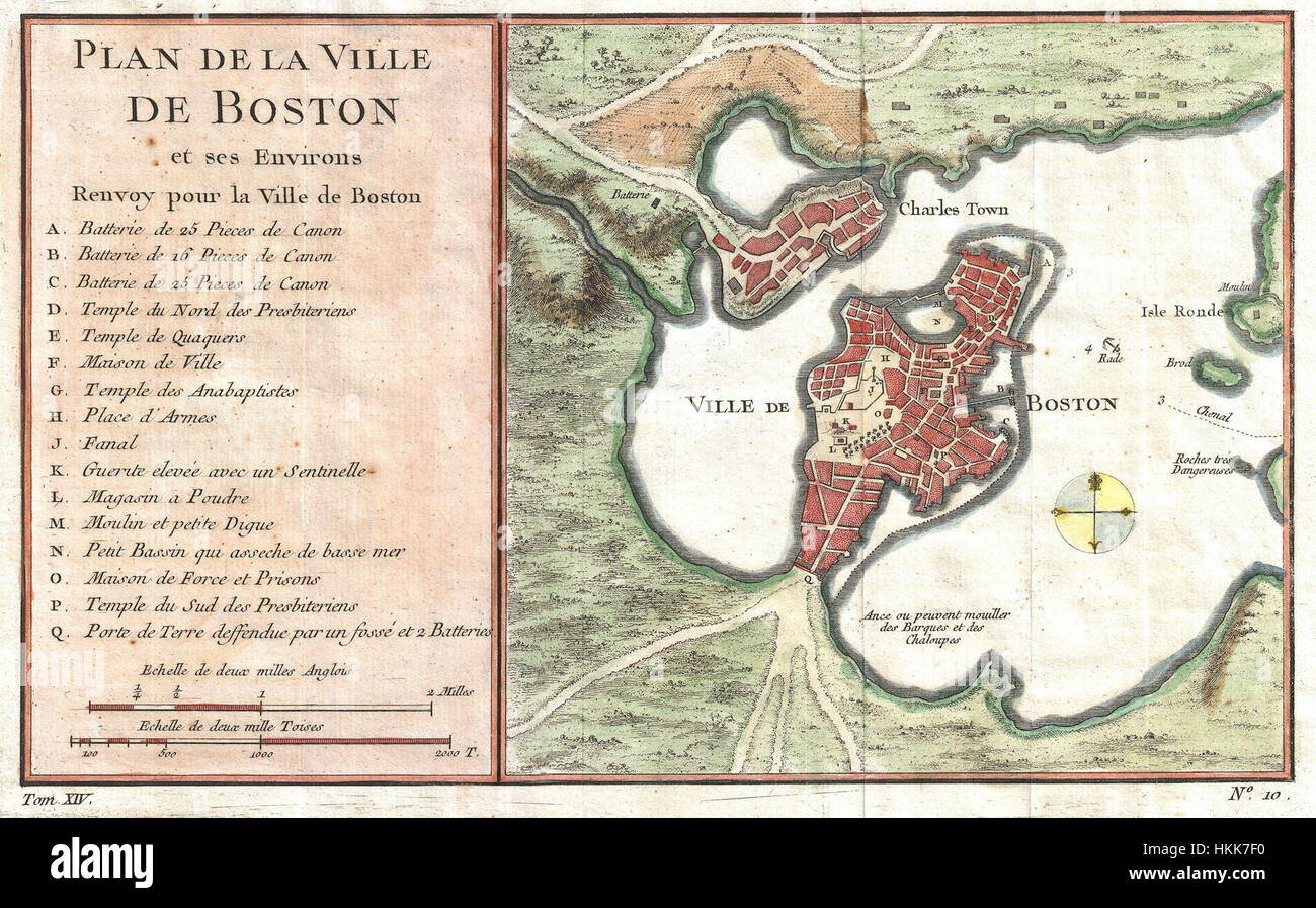 This 1756 map of Boston, Massachusetts by Jacques Bellin offers a ...