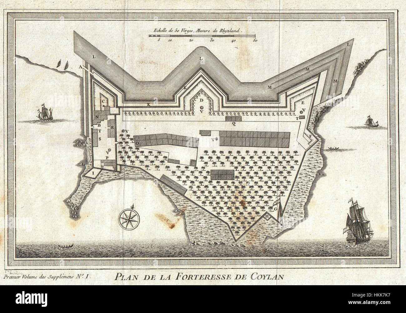 This 1756 map by Bellin shows the coastal fort of Kollam, Kerala, India ...