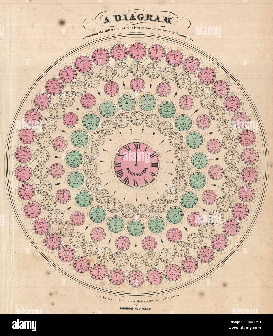 This 1866 chart of world time zones, created by Johnson, outlines the ...